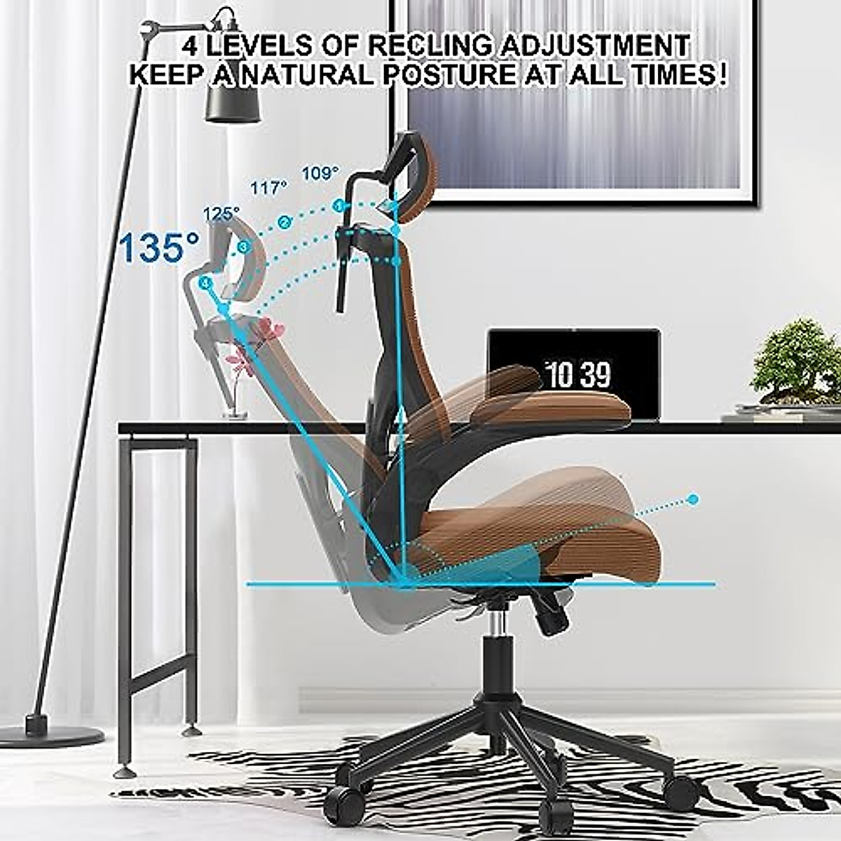 𝑯𝑶𝑴𝑬 𝑶𝑭𝑭𝑰𝑪𝑬 𝑪𝑯𝑨𝑰𝑹, Ergonomic Mesh Desk Chair, High Back Computer Chair- Adjustable Headrest with Flip-Up Arms, Lumbar Support, Swivel Executive Task Chair (Mummy Brown, Modern)