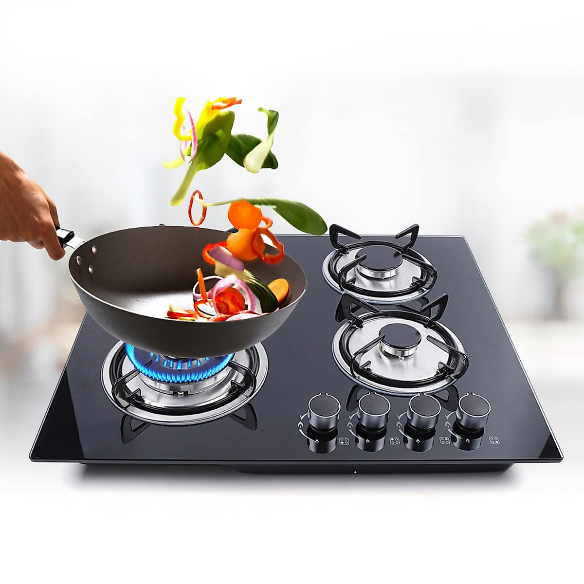 Cbhfmljd 23" 4-Burner Gas Cooktop Built-In Stove Top Tempered Glass LPG/NG Gas Cooker, 4 Burners Gas Hob Grate Stovetop Cooker Easy to Clean Elegant and Durable For Kitchen Chefs