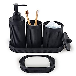 Bathroom Accessory Set,5 PCS Black Bathroom Accessories Set Complete with Lotion Soap Dispenser,Toothbrush Holder,Qtip Holder,Vanity Tray and Soap Dish,Bathroom Decor Countertop Organizer,Matte Black