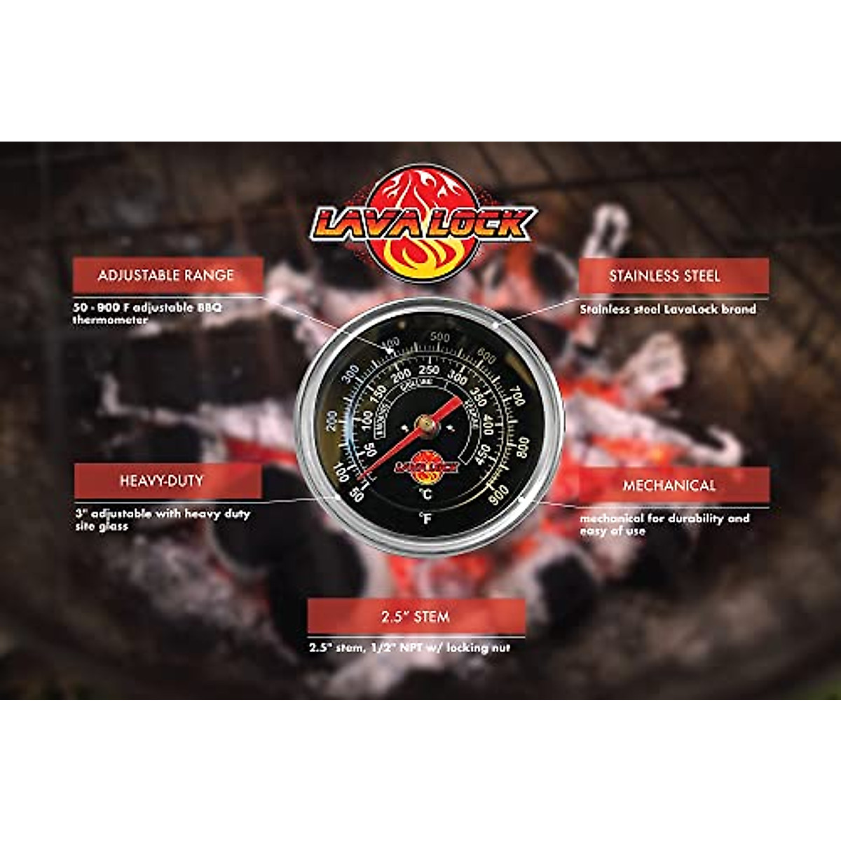 Black Face BBQ Grill Thermometer 50F-900F High Temp Range Heavy Duty Premium Quality Smoker Thermo 2 Inch or 3" with M8 or 1/2 NPT Thread