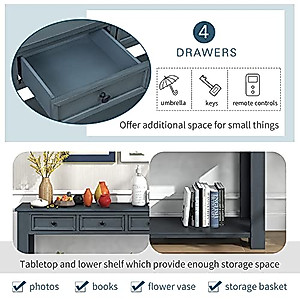 Goohome Rustic Entryway Console Sofa Table with 4 Drawers and Bottom Shelf, Large Storage Space for Living Room Kitchen Hallway Bedroom, Navy