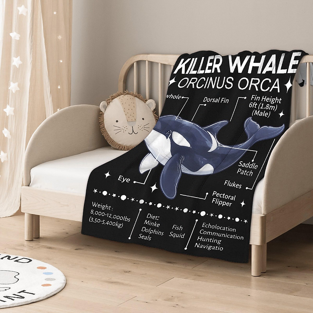 Whale Blanket, Orca Gifts for Kids, Anatomy of Whale Throw, Soft Flannel Plush Fish Blankets for Bedroom Sofa Ocean Themed Decoration, 50 "x 40" S for Kids