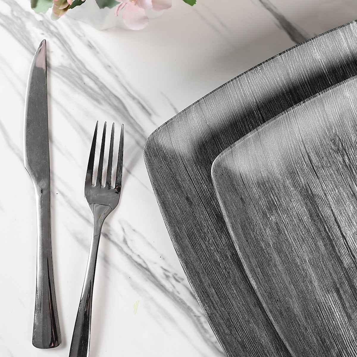 Melamine 12pcs Classic Square Dinnerware Set, Concise Plates and Bowls Set, Service for 4, Dishwasher Safe, Natural Wood Grain Design,black wood