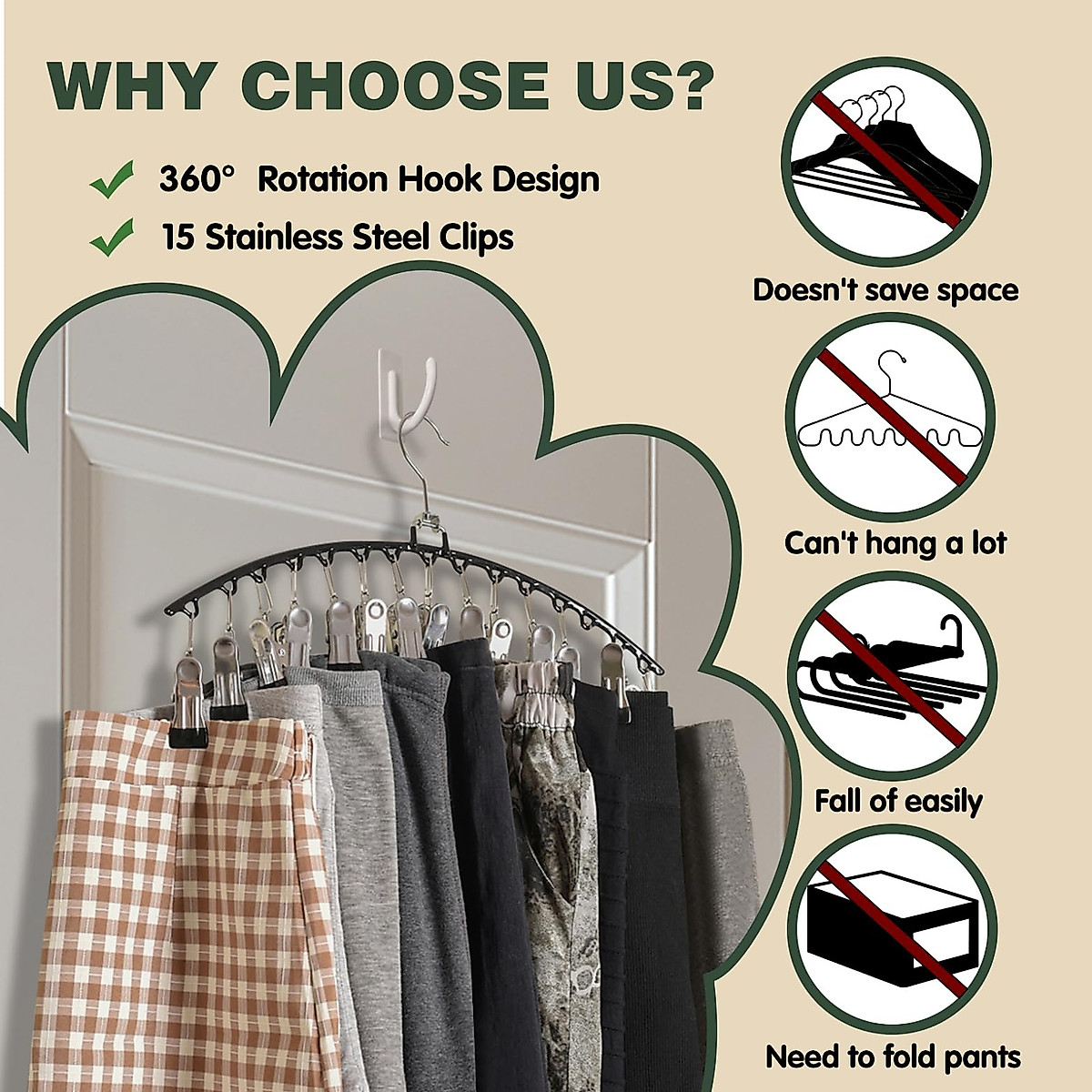 2 Pack Leggings Organizer for Closet Hanging, Pants Hangers with 15 Clips Holds 30 Shorts//Jeans/Skirts/Hats, Space Saving Racks Hanging Closet Organizers and Storage