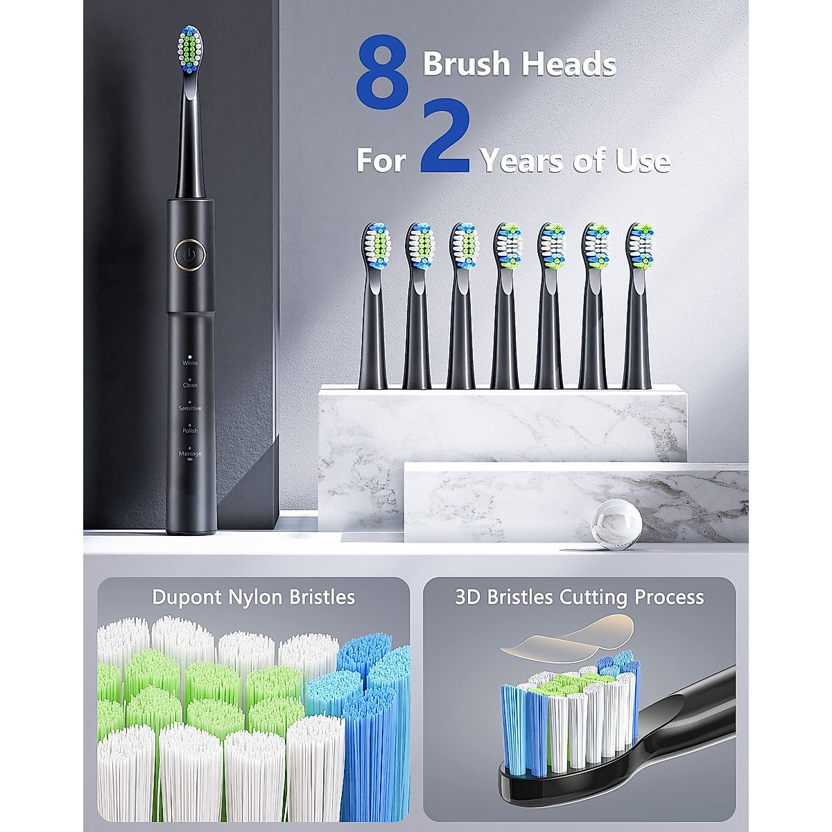 Dnsly Ultrasonic Electric Toothbrush for Adults, Battery Electric Toothbrushes, 8 Sonic Toothbrush Heads, 5 Modes with Smart Timer, 2 Hours Charge for 30 Days Use