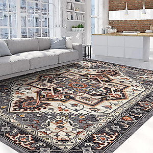 HOMFINE Ultra-Soft Washable Area Rug - 6x9 Non-Slip Vintage Low Pile Carpet Medallion Rugs for Living Room Bedroom Dining Room Office, Black