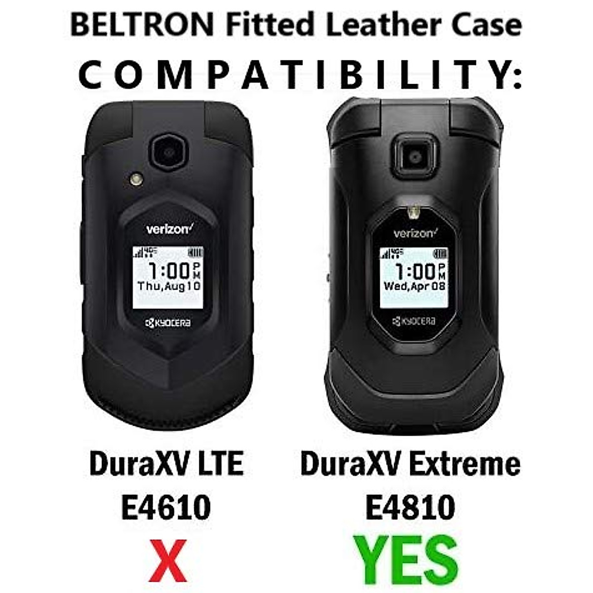 BELTRON Leather Fitted Case for Kyocera DuraXV Extreme E4810, DuraXV Extreme+ E4811 Verizon Flip Phone - Features: Rotating Belt Clip, Screen & Keypad Protection, Secure Fit
