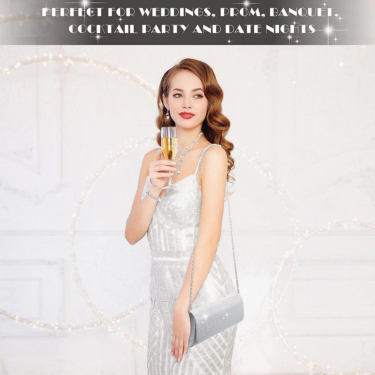 Meanplan 4 Pcs Silver Clutch Purse Jewelry Set for Women Evening Rhinestone Purse Silver Accessories for Women Bride Wedding Jewelry (Elegant Style)