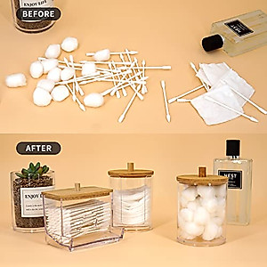 Yujanery 3 Pack Qtip Holder, 10/7-Ounce Bathroom Organizer Accessories Storage Containers Clear Plastic Apothecary Jars with Bamboo Lids for Cotton Ball, Cotton Swab, Floss