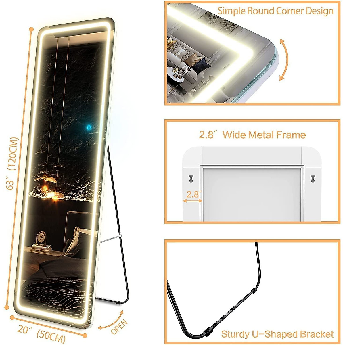 EDTEMI Full Length Mirror, 63"x20", LED Stand Up Body Mirror for Bedroom, Wall Mounted with Dimming & 3 Color Modes (White)