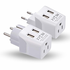 Ceptics Europe Travel Adapter Plug Set Schuko - with 2 USB + USA Socket Input - Type E/F and Type C - Ultra Compact - Safe Grounded Perfect for Cell Phones, Laptops, Camera Chargers (CTU-9-9C-PK)