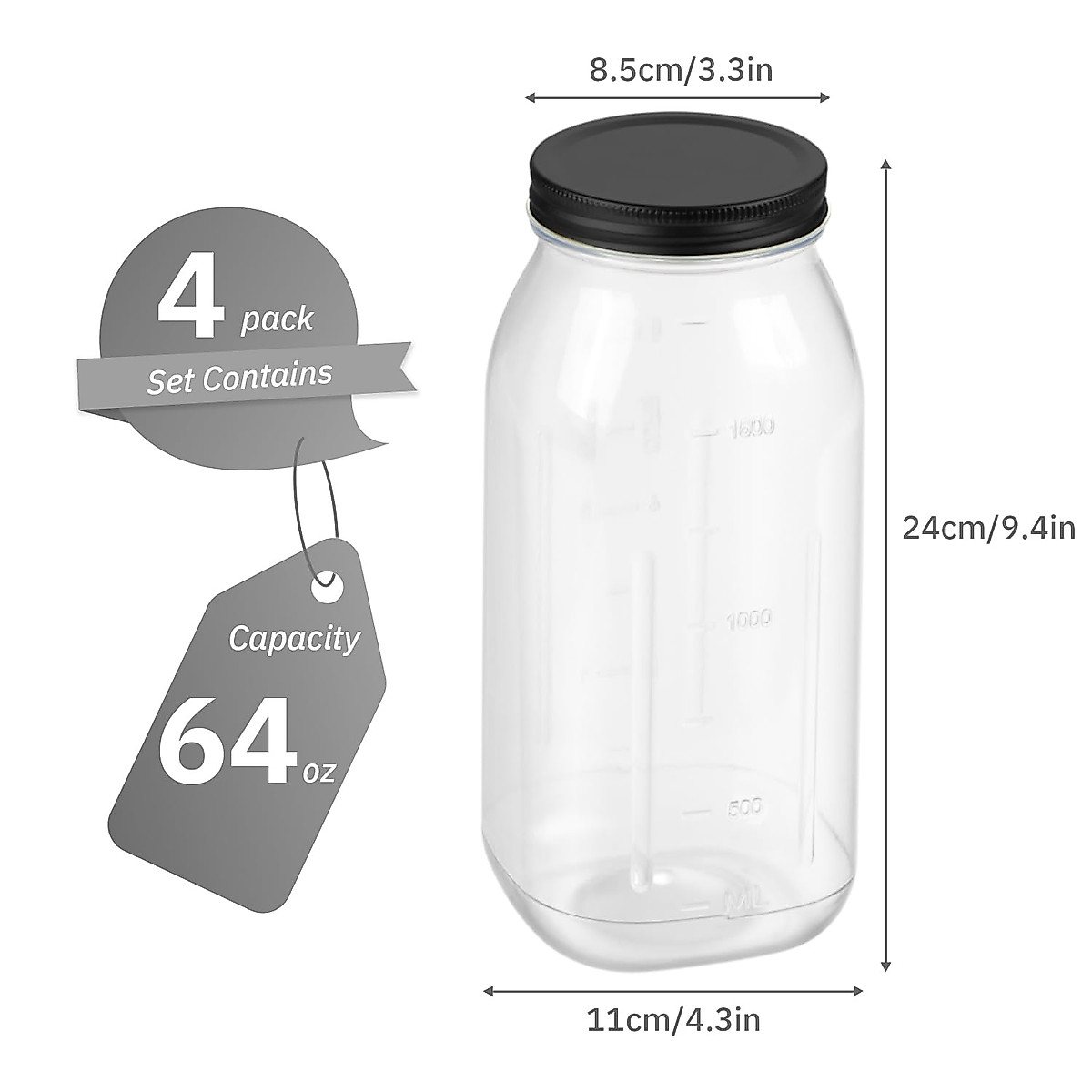 Party Club of America 4Pack 64 Ounce Black Plastic Jars Wide Mouth With Lid Large Mason Jars 64 OZ Half Gallon Mason Jars Food Storage Jars