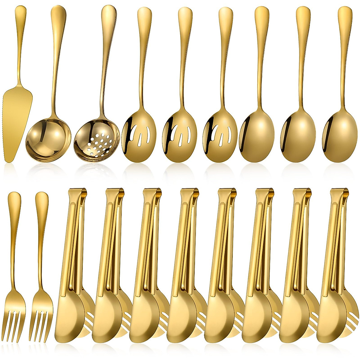 Tanlade 19 Pcs Stainless Steel Serving Utensils Set Flatware Include Spoons Forks Slotted Spoons Soup Ladle Skimmers Pie Server Serving Tongs for Home Buffet Party Breakfast Dinner(Gold)