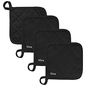 KLEX 4pcs 100% Thick Cotton Potholders for Oven Cooking and Baking, Durable 330GSM Hot Pads, Up to 482°F Degrees Heat Resistance Pot Holder, Heavy-Duty Cotton Canvas, Black