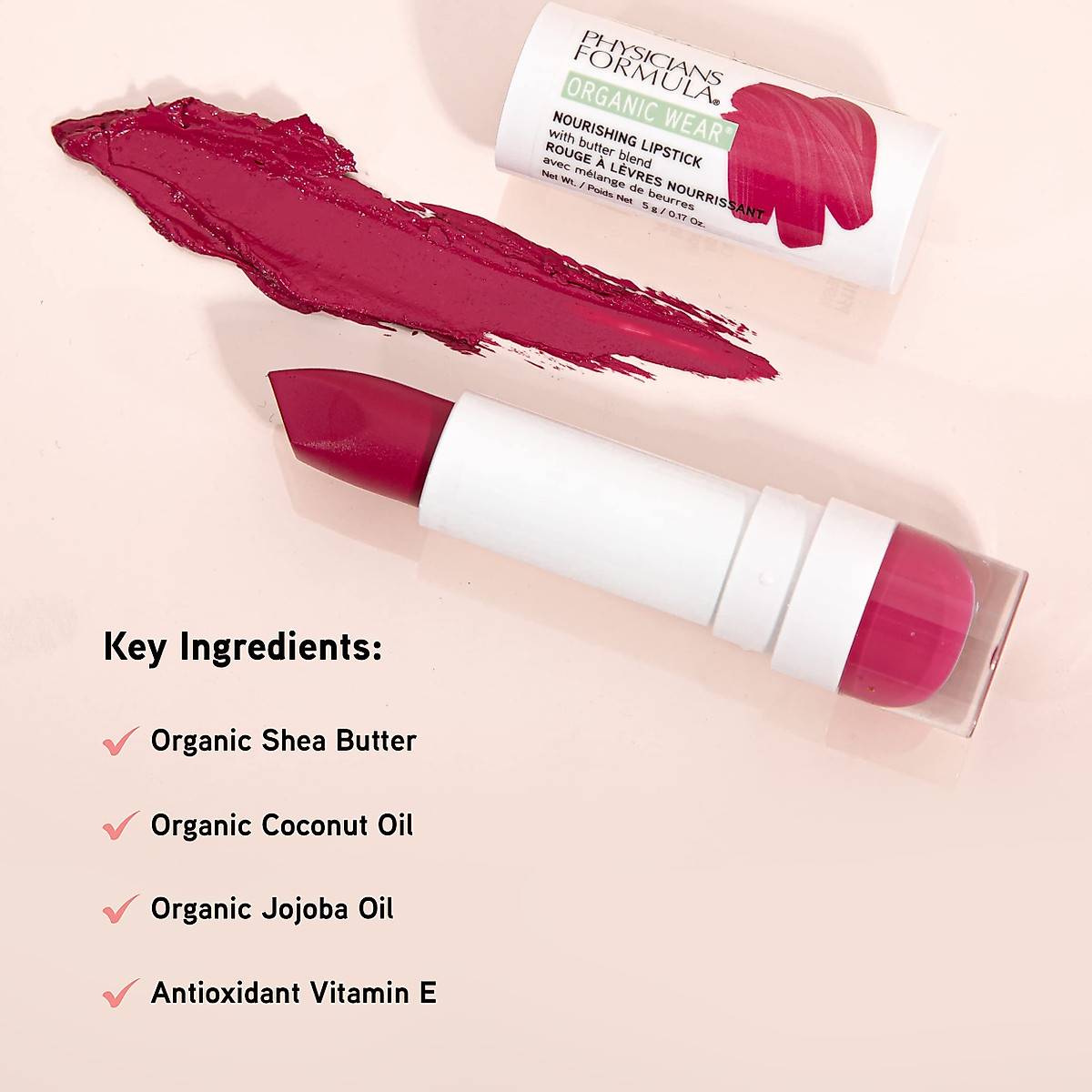 Physicians Formula Organic Wear All Natural Lipstick, Buttercup, Nourishing, Dermatologist Approved, Gluten Free