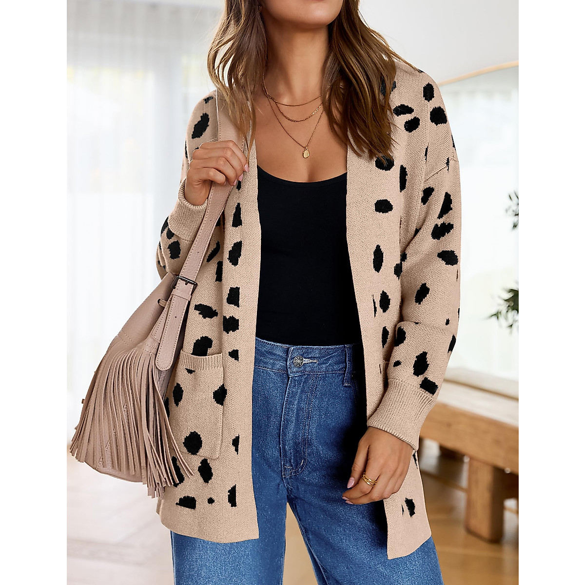 ZESICA Women's Fall Winter Long Sleeves Open Front Leopard Print Knitted Sweater Cardigan Coat Outwear,A Beige,Medium