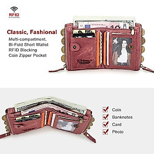 Contacts Soft Leather Wallet for Women Small Bifold Coin Purse Double Zipper Card Holder with RFID Blocking (Rose Tan)