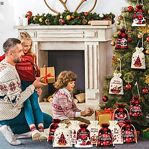 Huhumy 60 Pcs Christmas Burlap Bags with Drawstring Plaid Party Favor Gift Bags Mini Candy Goodies Bag Black and Red Plaid Treat Bags for Christmas Party Birthday Supplies (5 x 7 Inch)