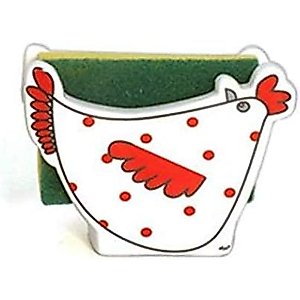 White Ceramic Hen Shaped Sponge Holder with Red Accents