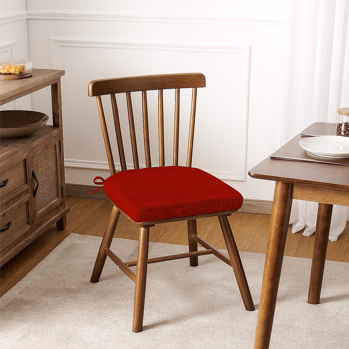 downluxe Indoor Chair Cushions for Dining Chairs, Soft and Comfortable Textured Memory Foam Kitchen Chair Pads with Ties and Non-Slip Backing, 16" x 16" x 2", Red, 4 Pack