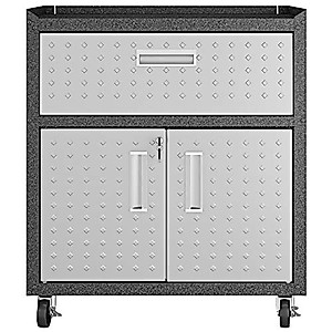 Pemberly Row Space Saving Metal 3 Piece Garage Storage Set with Two Mobile Cabinets with Drawer and 72" W Worktable