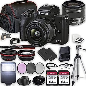 Canon EOS M50 Mark II Mirrorless Camera w/EF-M 15-45mm f/3.5-6.3 is STM Lens + 2X 64GB Memory + Case + Filters + Tripod + More (35pc Bundle) (Renewed)