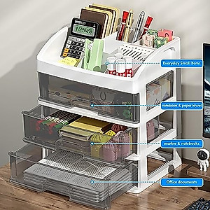 4 Tire Desk Drawer Organizer,3 Drawer Desktop Plastic Storage Drawers,Clear Desk Organizer with Sliding Drawer,Desktop Organization for Office School Home, Makeup Supplies,Transparent Gray