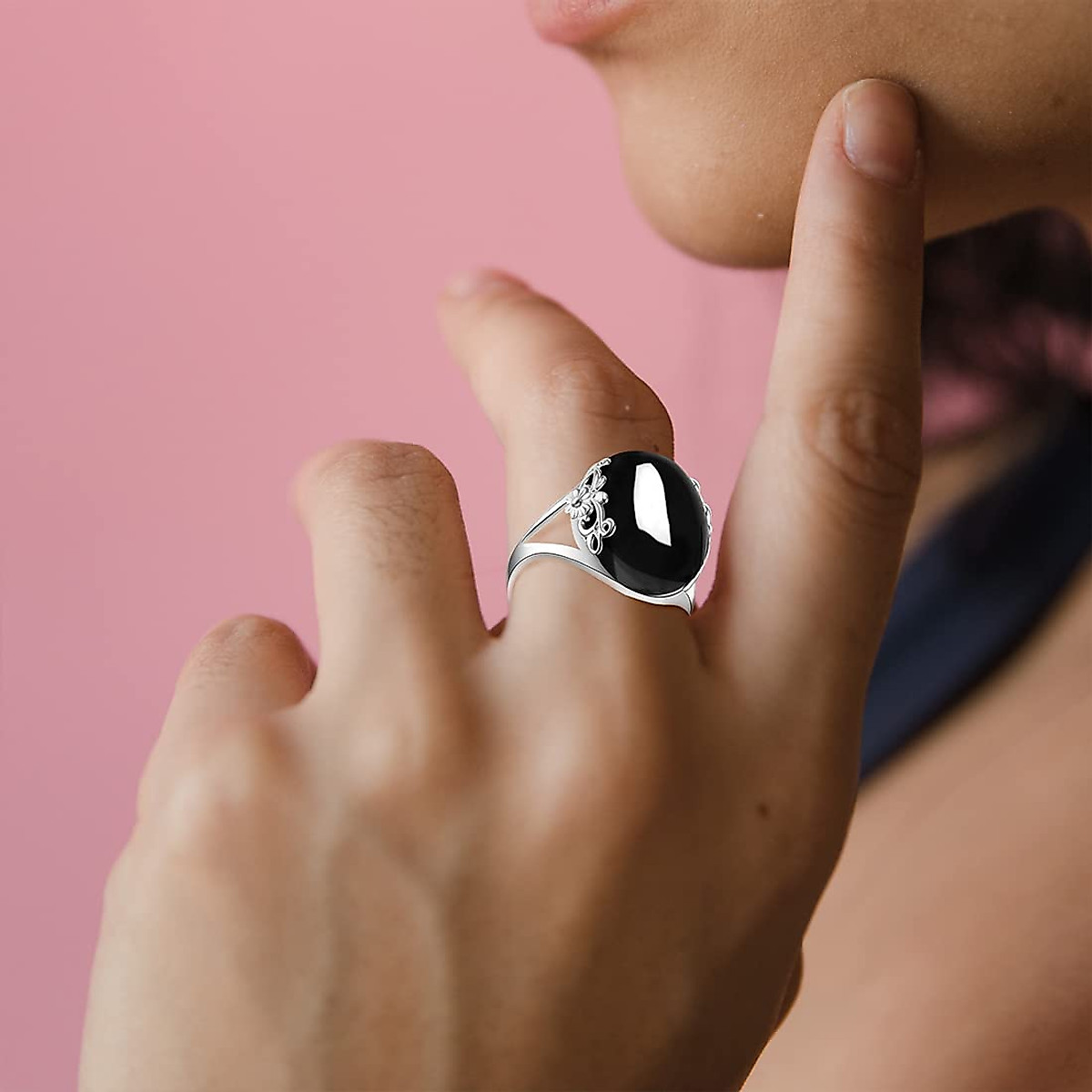 DALEGEM Natural Black Obsidian Onyx Agate Crystal Stone Ring for Women,S925 Sterling Silver Real Genuine Quartz Gemstone Turkey Ring Jewelry (Stone_D, 6)