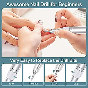 Portable Electric Nail Drill-- 35000RPM Professional Rechargeable Nail File Machine, Cordless Nail Drill E File for Remove Gel Polish Nail for Acrylic Nails Manicure Salon Home with Bits Kit, White
