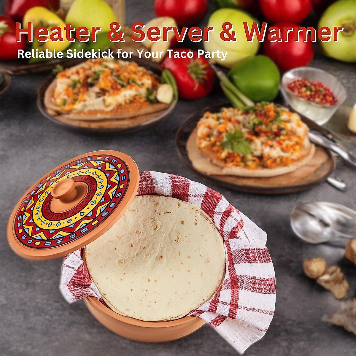 Mexican Terracotta Tortilla Warmer Thanksgiving, Authentic Terra Cotta Tortilla Holder w Warmer Cloth, Natural Clay Heater & Tortillero - Hold 8 inch Flour Tortillas, Warmer for Roti Bread Pancakes