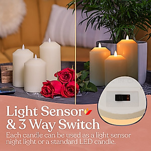 Battery Operated Night Light Candles with Light Sensor. Set of 3 Flameless White Wax Flickering Electric Candles. Dusk to Dawn Night Light. Great for Bathroom, Kids Bedroom or Living Room