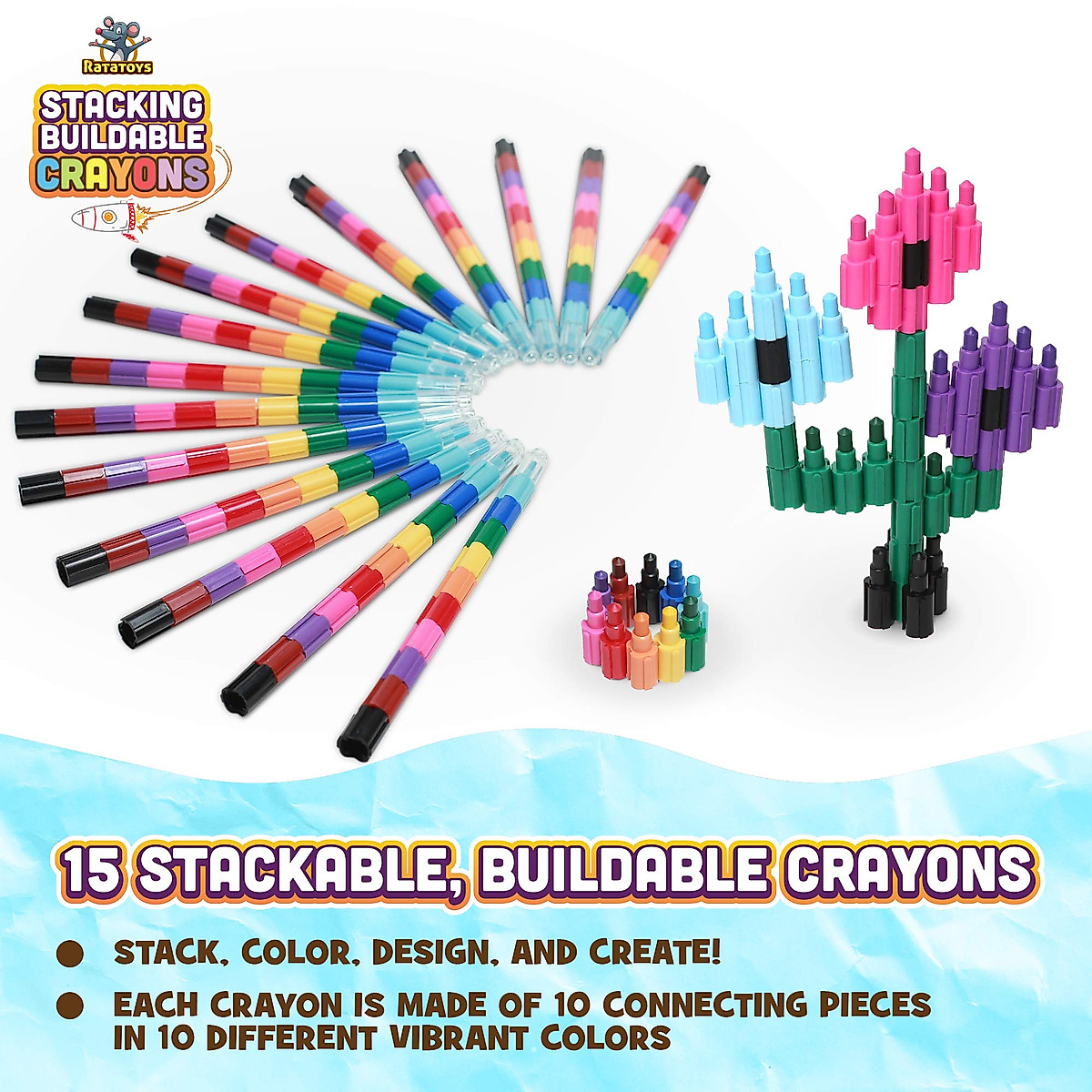 Ratatoys Stacking Crayons, 15 pc Set, Buildable and Stackable for Drawing, Coloring, or Arts and Crafts, Large Preschool Friendly Connect Pieces, Party Favor and Classroom Fun