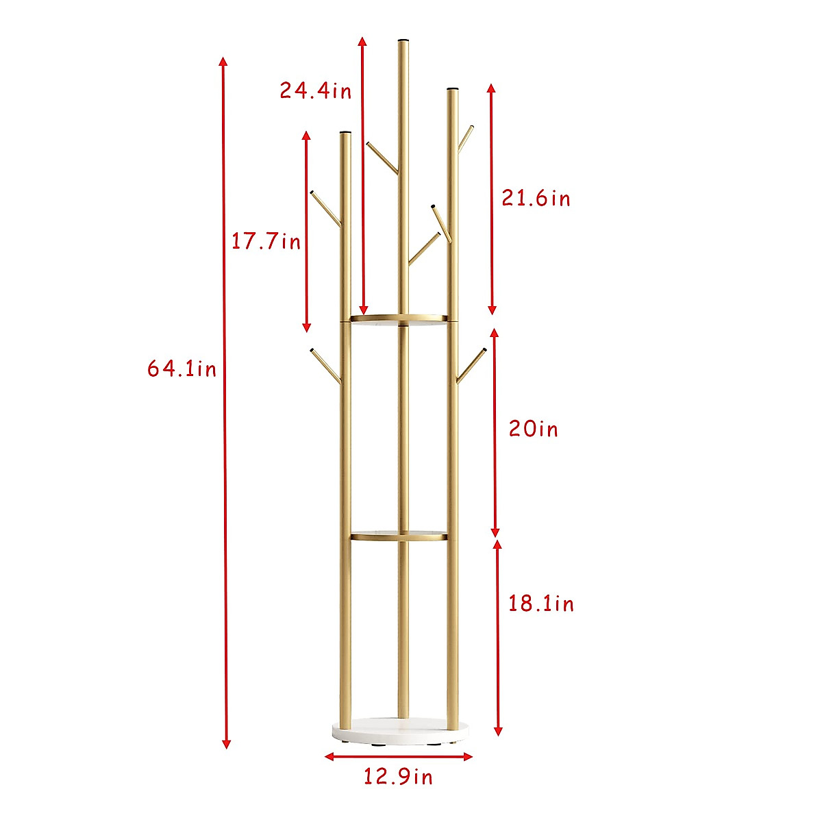 DOORXIFO Metal Gold Coat Racks Freestanding, Coat Hanger Stand, Hall Tree Coat Rack for Hanging Hats, Scarves, Bags, Modern Coat Rack with Double Shelves, Corner Coat Rack, 9 Hooks, Gold