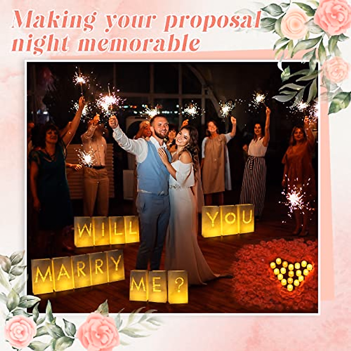 2230 Pcs Wedding Proposal Decorations Will You Marry Me Lighted Letters Sign Red Artificial Rose Petal Luminary Paper Bags Flameless LED Candle Tealight for Romantic Night Valentine's Day