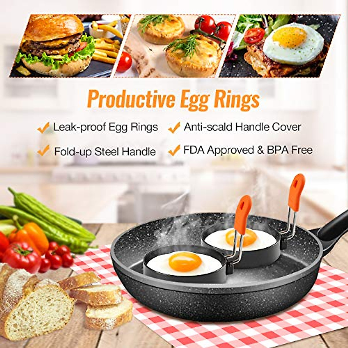 meidong Egg Ring 3 Packs in 3 Sizes Anti-Scald Egg Rings for Frying Leak-Proof with an Oil Brush Fold-up Stainless Handle Nonstick Egg Rings Mold (3 + 3.6 + 4.2 inch)