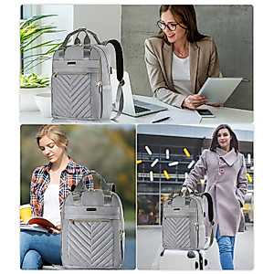 Travel Backpack for Women, 17.3 Inch Quilted School Laptop Bag, Large Back Pack Purse with USB Port, Work Business Teacher Computer Bag College Bookbags Casual Daypacks, Gray