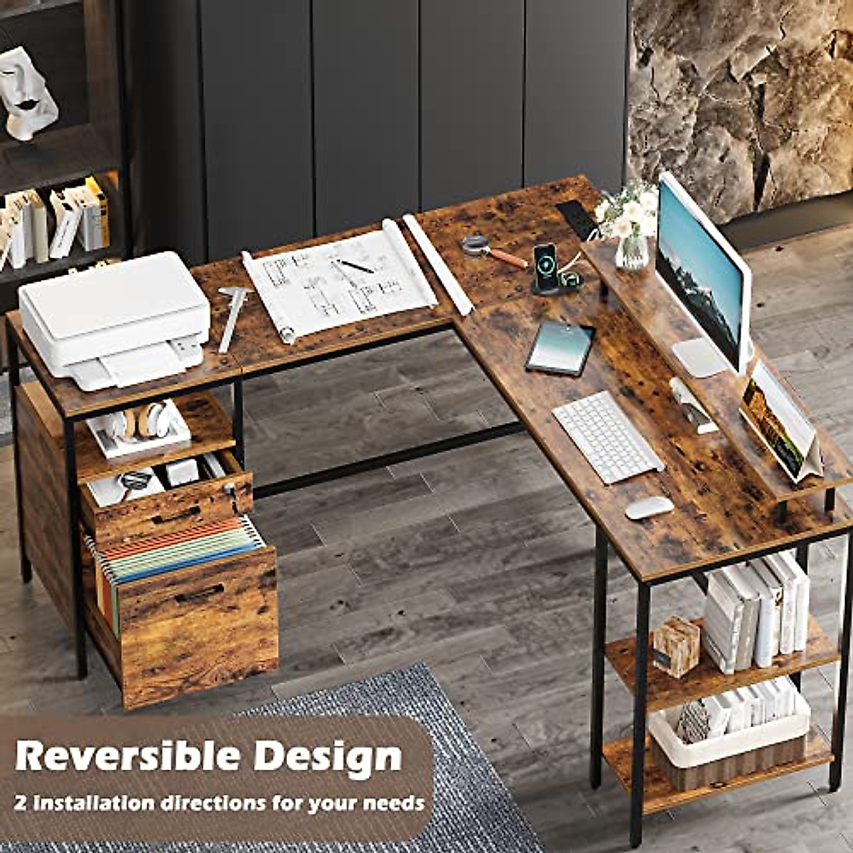SUPERJARE Reversible Computer Desk with Power Outlets & File Cabinet, L Shaped Desk with Monitor Stand & Storage Shelves, Corner Desk Home Office Desk, Rustic Brown