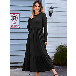 LILLUSORY Womens Long Sleeve Crewneck Ruffle Swing Midi Dress 2023 Fall Casual Loose Tiered Maxi Dresses with Pockets Black