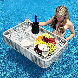 Sunjoy Wicker Floating Tray 36x24 in. Aluminum Frame Pool Tray - Swimming Floating Serving Tray for Drinks, Snacks, and Essentials - Fits Most Pool Sizes - Perfect for Pool Parties and Relaxing, Grey