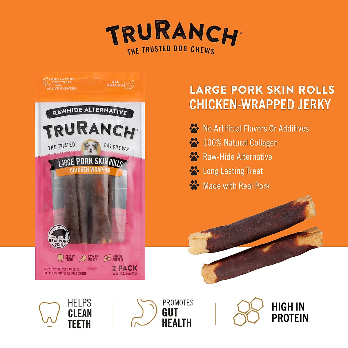 TRURANCH Large Pork Skin Rolls, Chicken-Wrapped Jerky, Made with Real Pork Skin, Rawhide Alternative, Healthy Dog Chews, 1 Bag, 2 Count