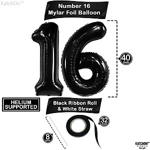 KatchOn, Giant Black 16 Balloon Numbers - 40 Inch | 16 Birthday Balloons for Sweet 16 Birthday Decorations | 16th Birthday Decorations for Boys | Sixteen Balloon, 16th Birthday Decorations for Girls