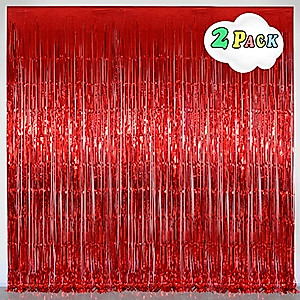 Red Foil Fringe Curtain Party Decorations, Melsan 3.2 x 8 ft Metallic Tinsel Curtains Streamer Backdrop for Christmas, Birthday, Anniversary, Valentine's Day Party Decorations, Pack of 2