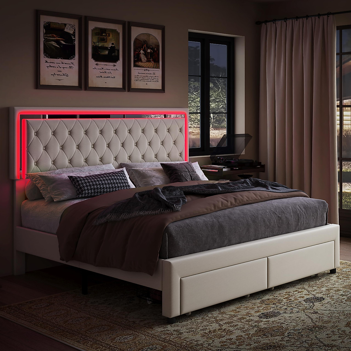 Jocisland Full Size Bed Frame with LED Lights&Storage Drawers,Velvet Upholstered Platform Bed,No Box Spring Needed,White