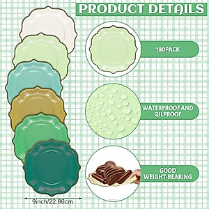 Suttmin 180 Pcs Pastel Paper Plates Gold Foil Scalloped Edging Disposable Paper Plates 9 Inch Dessert Plates Pastel Colors Dinner Plates for Wedding Birthday Baby Shower Bridal Shower (Green Series)