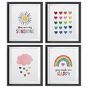 Inspirational Quote You Are My Sunshine Poster Prints for Home Girls Room Kids Room Nursery Classroom Decor,Boho Sun Rainbow Cloud Hearts Pattern Decorations Prints Wall Art Unframed 4pcs 8x10inches