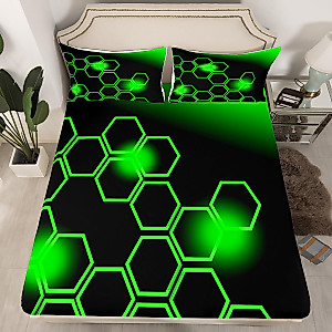 Green and Black Bed Sheets Set Twin Size Honeycomb Sheet Set for Kids Boys Girls Decor Geometrical Sheets with Deep Pocket Fitted Sheet Beehive Geometric Pattern Green Bedding Set Bedroom