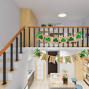 St. Patrick's Day Decorations Burlap Lucky Banner Glitter Shamrock Banner Green Clover Lucky Irish Party Banner for St. Patrick's Day Party, Green Theme Party, Spring Holiday Party Supplies