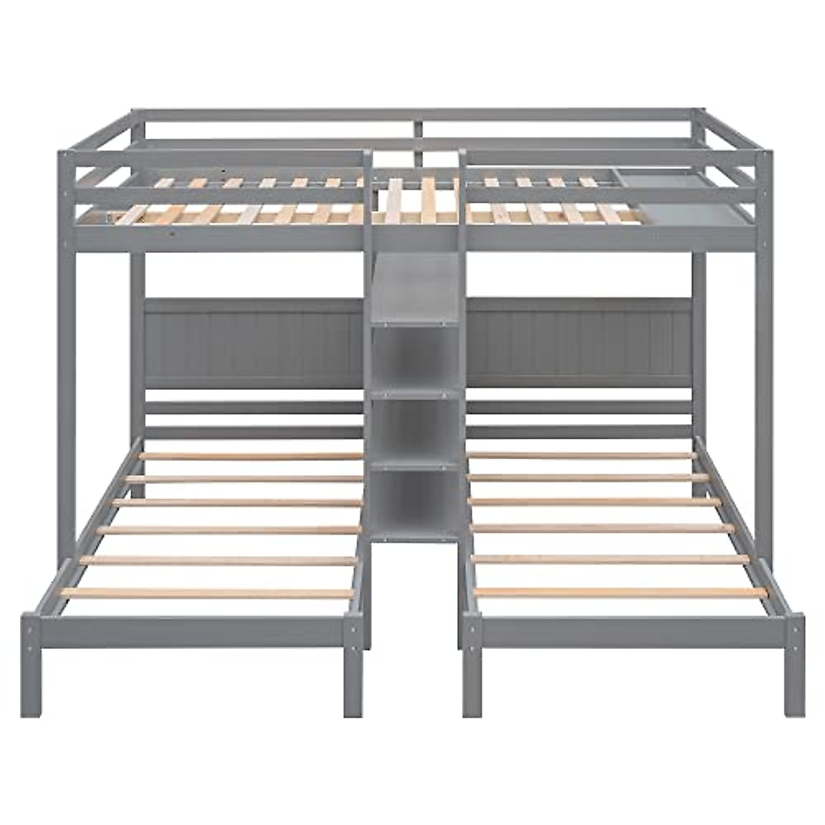 BOVZA Modern Triple Bunk Bed Frame, Twin XL Over Twin&Twin Wooden Bunk Bed with Built-in 4 Shelves and Ladder, Saving Space, Gray