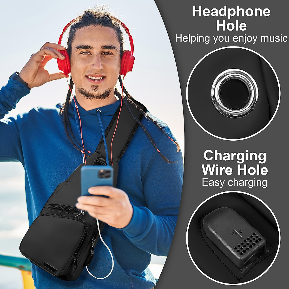 redaica Sling Bag Crossbody Backpack for Women Men Chest Bag Hiking Bag with USB Charging Port for Walking Camping Biking Travel Sports Running Cycling, Black