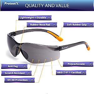 ProtectX 3-Pack Tinted Safety Glasses for Men, Safety Sunglasses with Anti-Fog Scratch Resistant Wrap-Around Smoke Lenses, Non-Slip Orange Rubber Grips, ANSI Z87.1 Rated